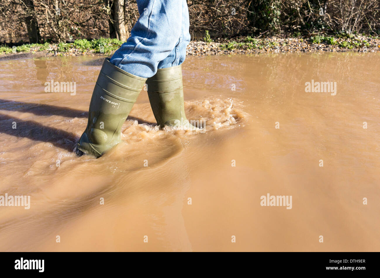 Picture of persons legs wading through muddy flood water in green ...