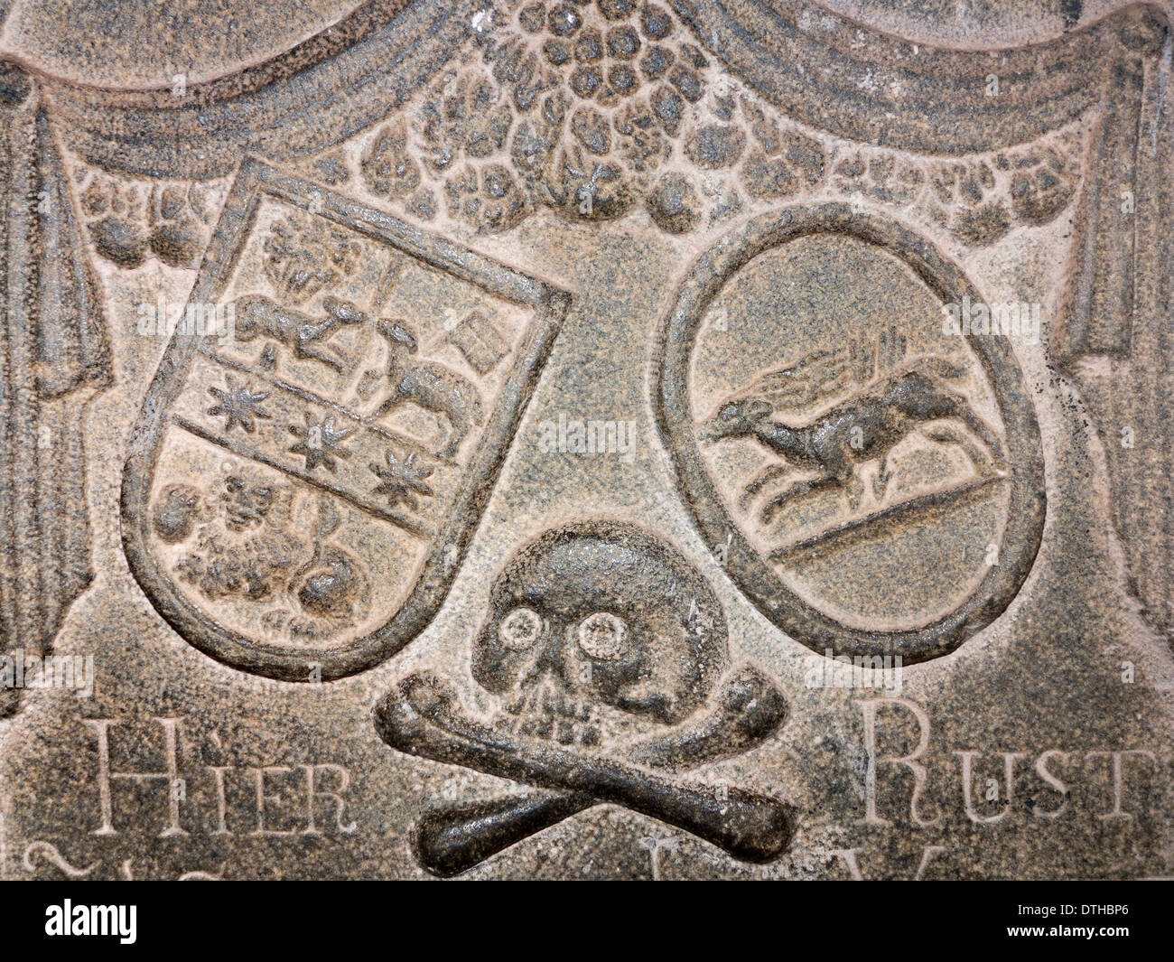 India, Kerala, Fort Cochin, St Francis Church, skull motif on old Dutch ...