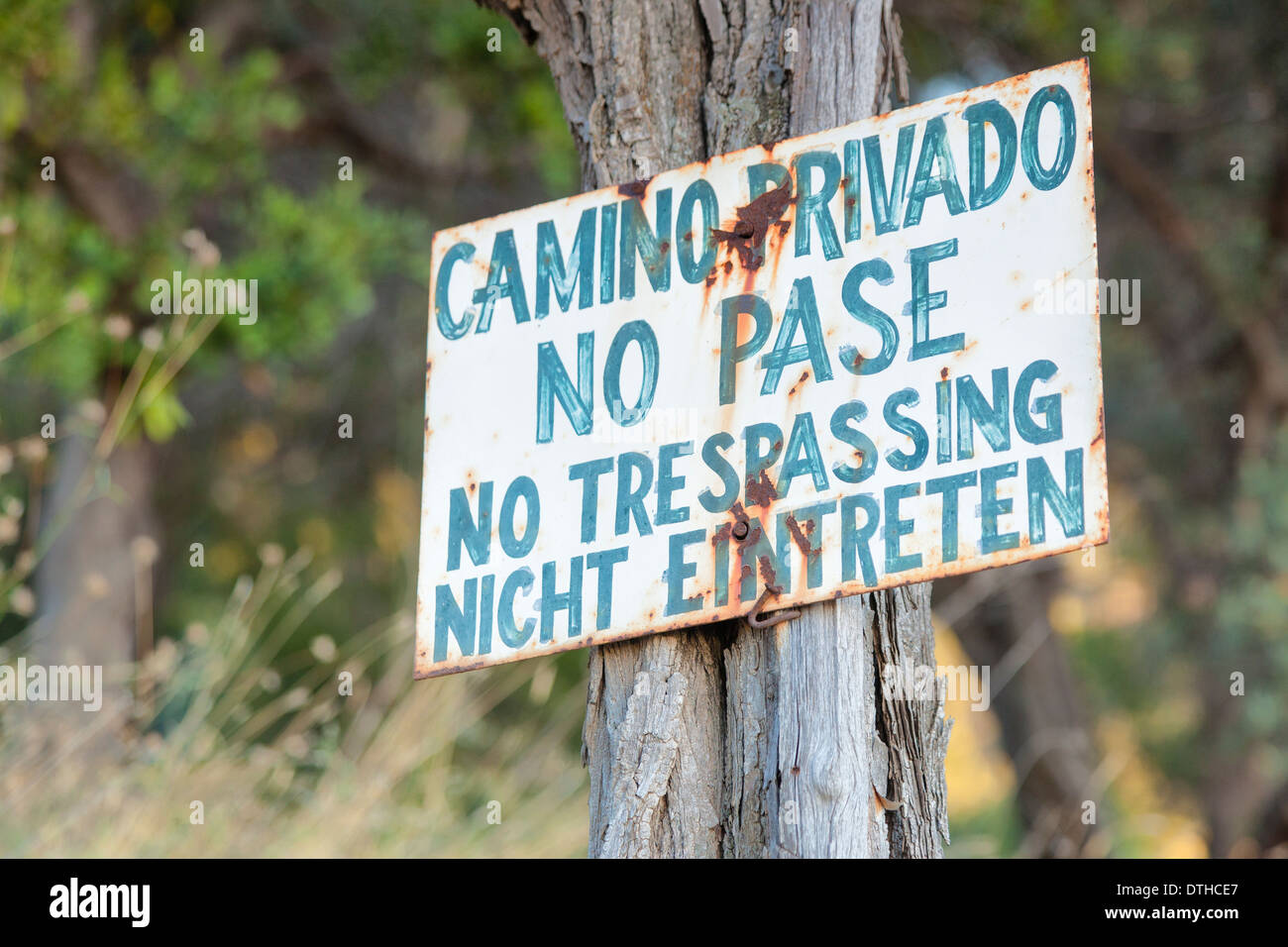 Warning sign at the entrance of a country estate near Estellencs ...