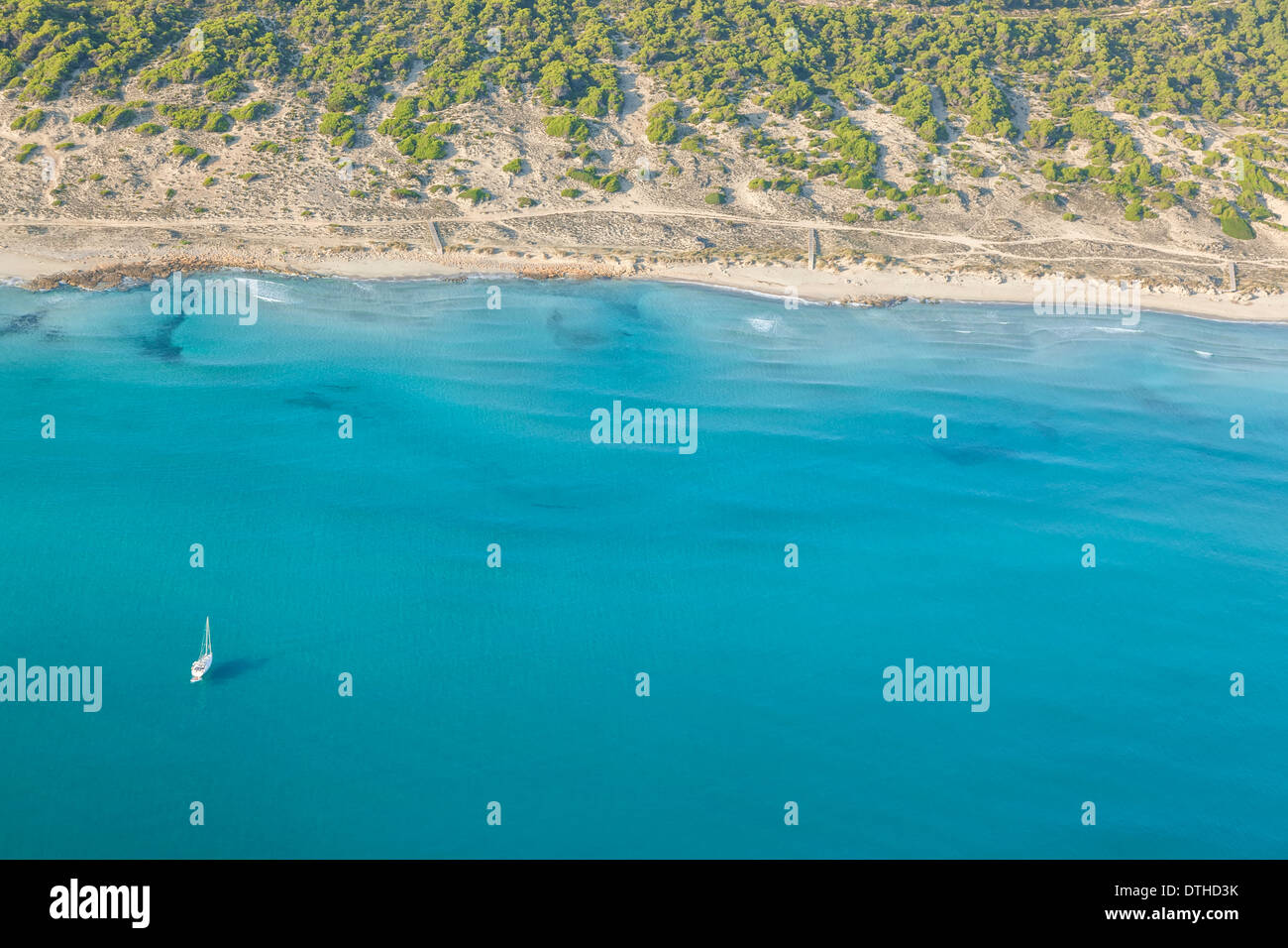 Morning aerial view of Sa Canova beach, Son Serra de Marina area ...