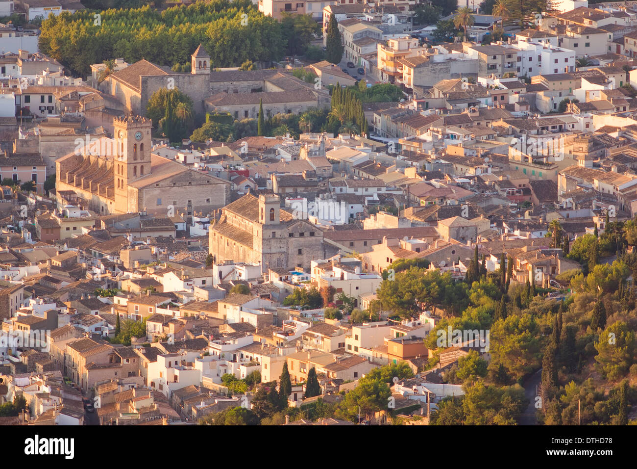 Early morning long distance aerial view of Pollensa town. Church ...