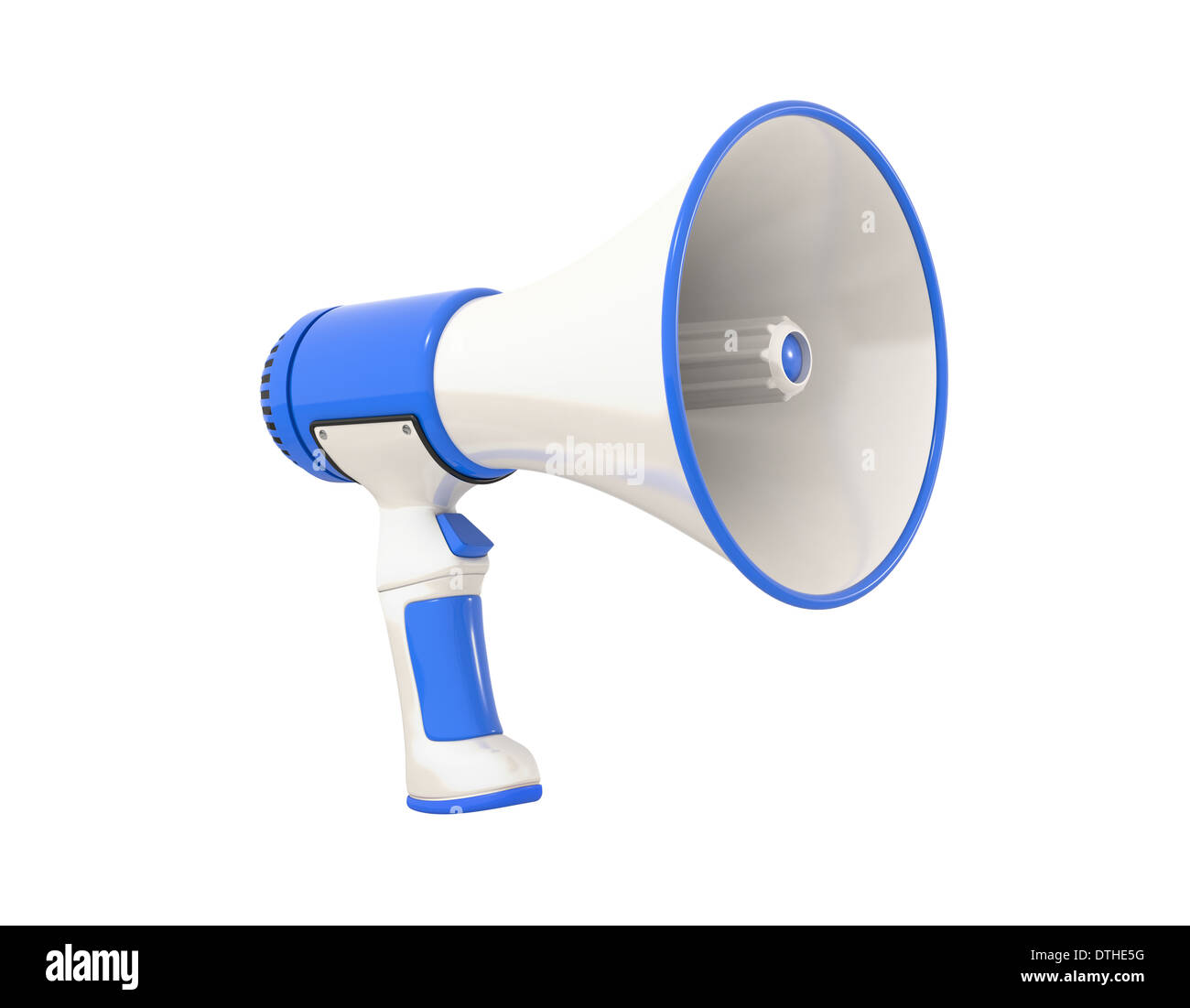 A blue Megaphone on a white background, perspective Stock Photo - Alamy