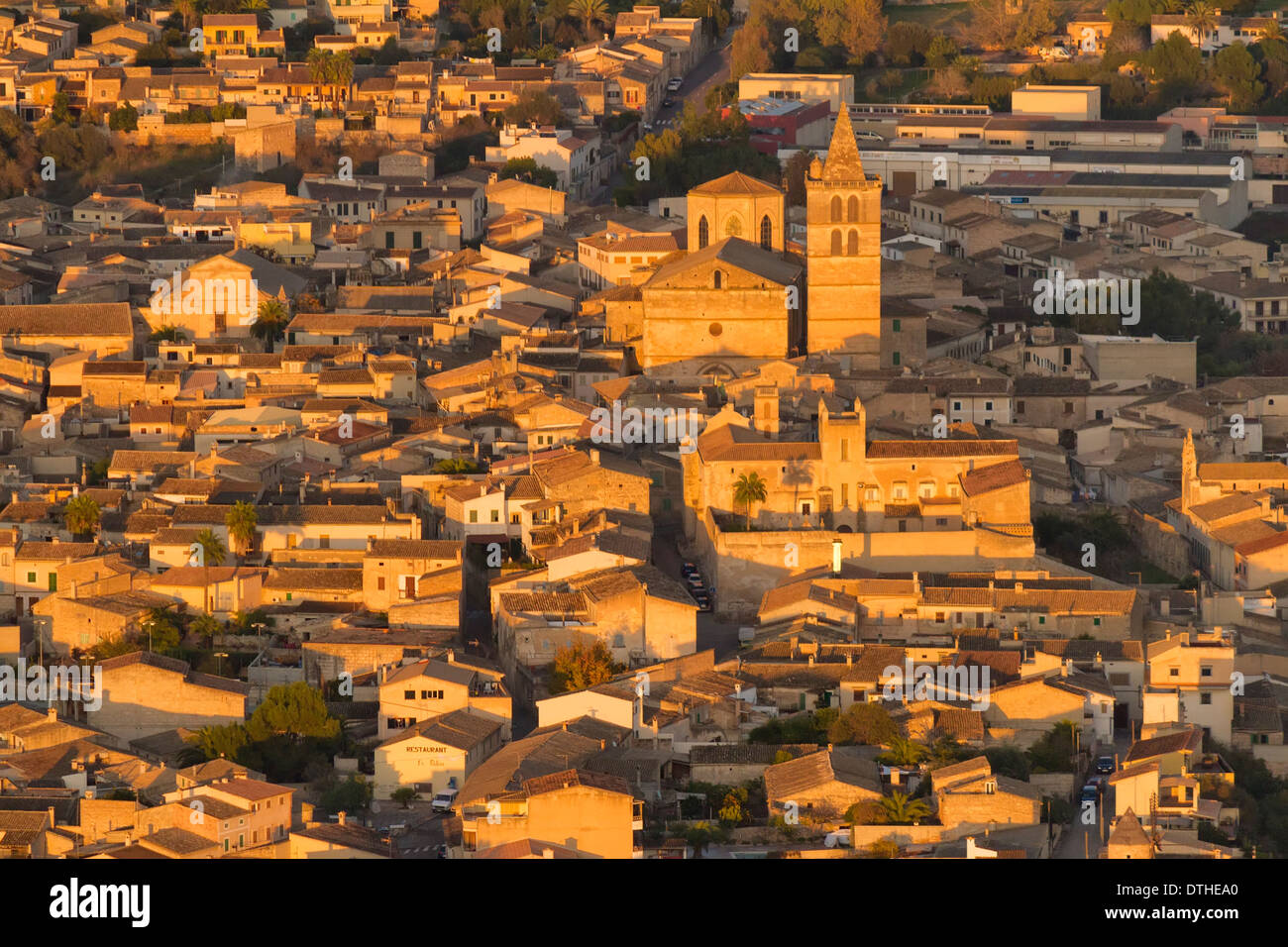 Early morning aerial view of Sineu town. Santa Maria church. Central ...