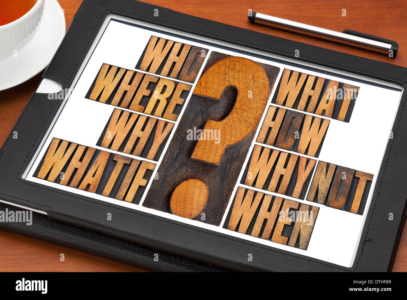 brainstorming or decision making concept - who, what, where, when, why ...
