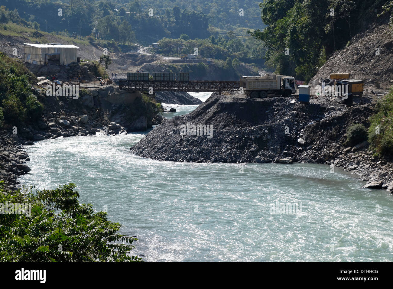 Temporary bridge over the Marsyangdi River in Nepal, part of the ...
