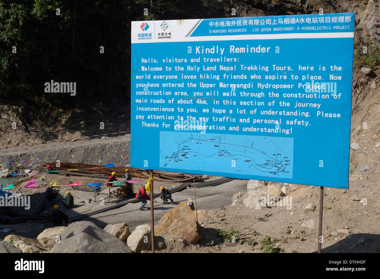 Sign for the controversial Upper Marsyangdi Hydropower Project in Nepal ...