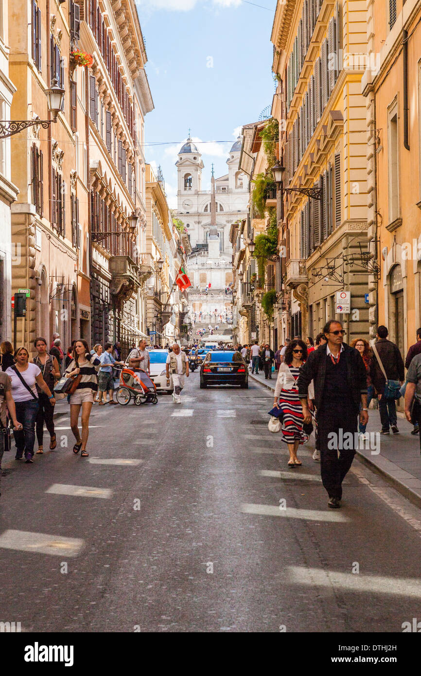 View of Via Condotti and Trinita dei Monti church in distance, Rome ...