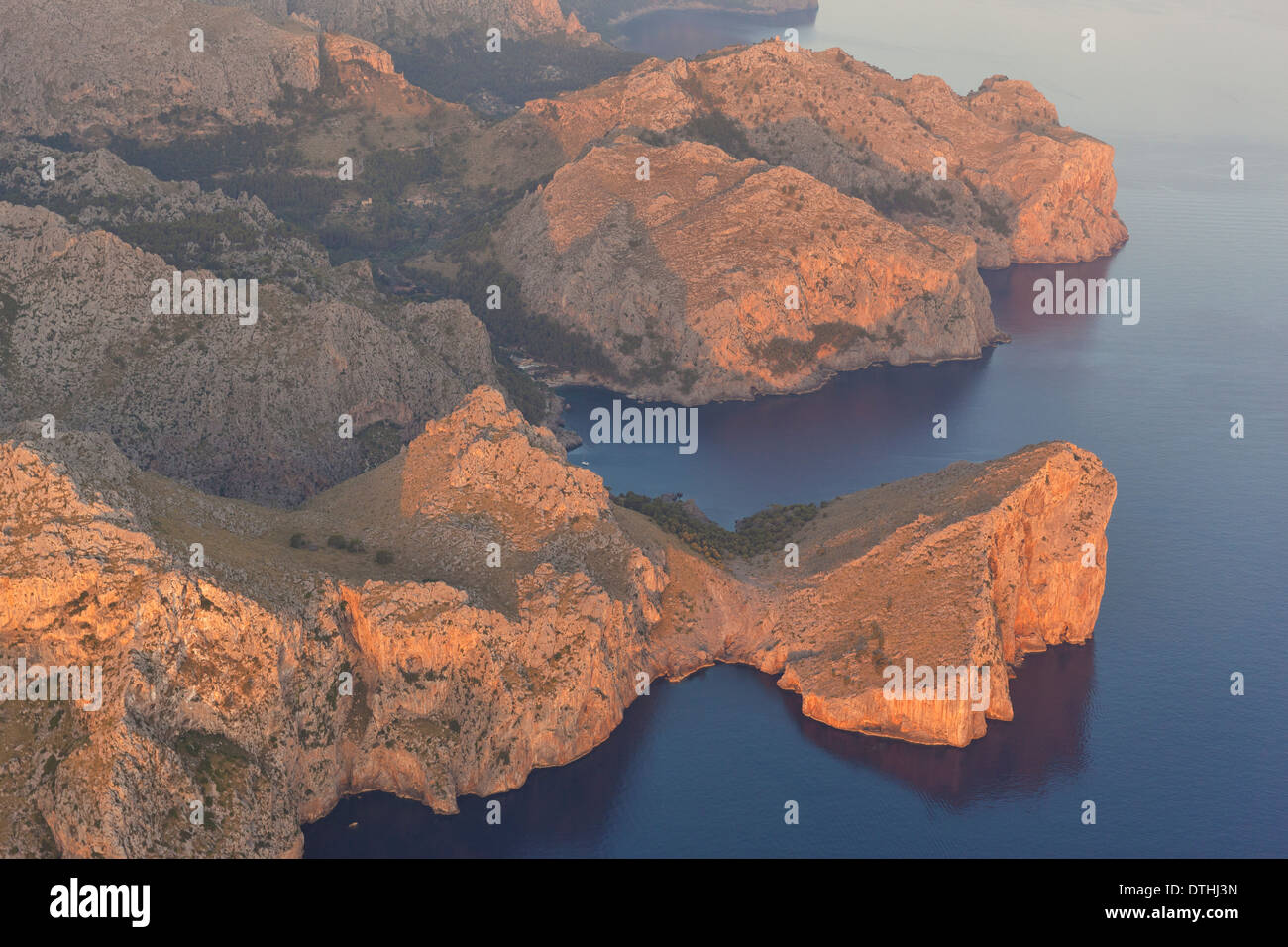 Early morning aerial view of Majorca's northwest coast, La Calobra area ...