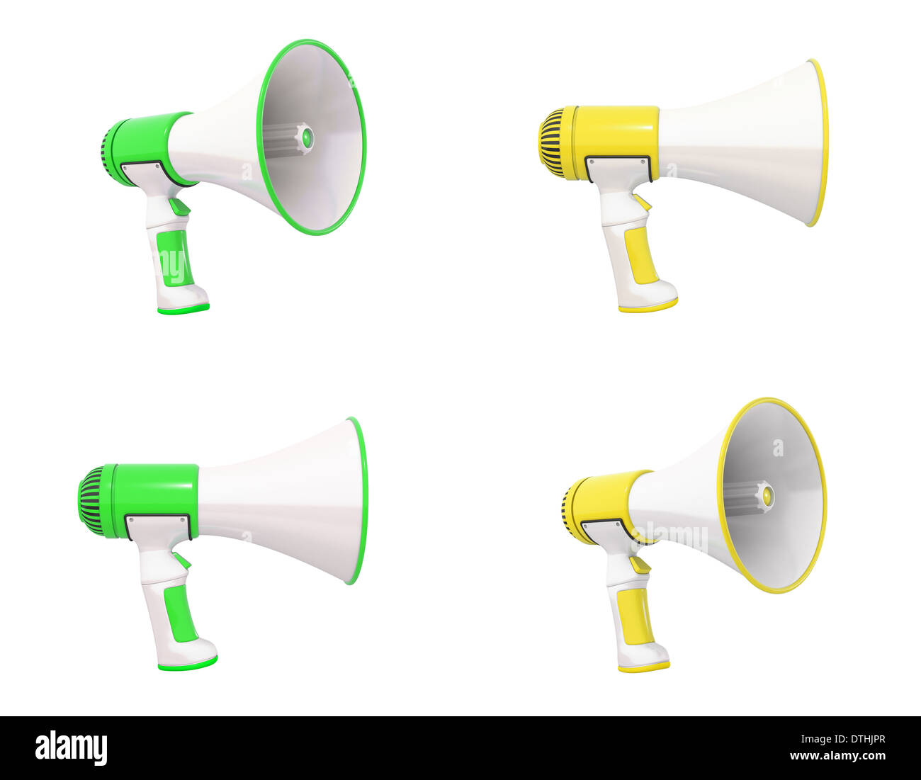A collection of green and yellow Megaphones displayed in different ...