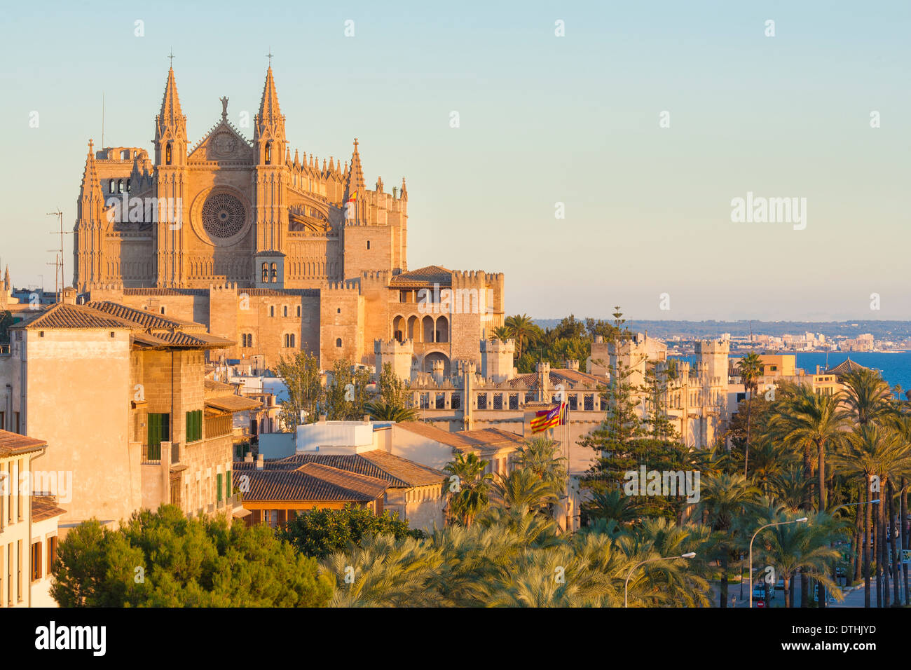 13th century cathedral of Palma de Majorca at sunset. West facade ...