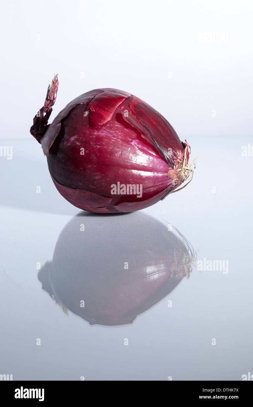 A red onion with skin sitting on it's side with reflection on glass ...