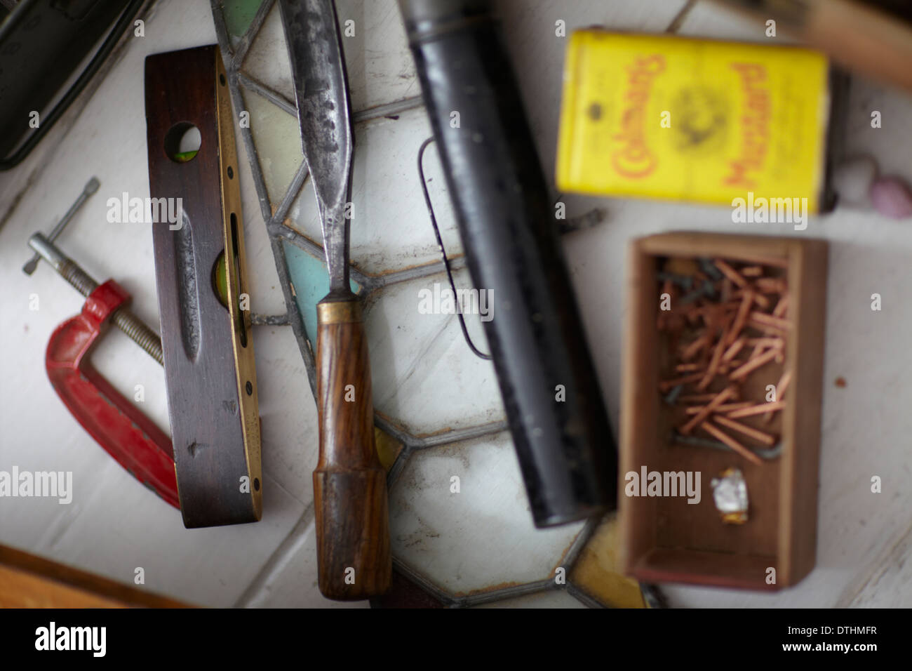 old wooden tools carpenter carpentry overhead toolbox Stock Photo - Alamy
