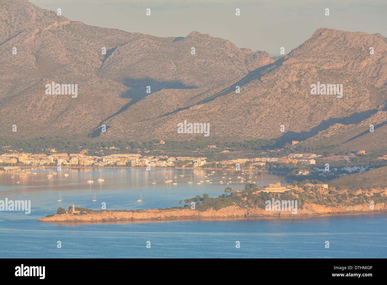 Morning Summer aerial view of Port de Pollensa resort and Punta de l ...