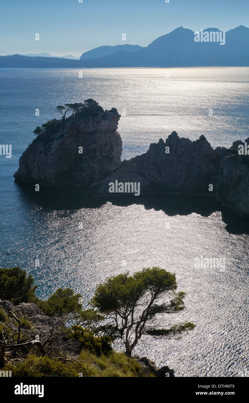 Cala Murta cove mouth and pine tree. Es Castellet rock. Formentor ...