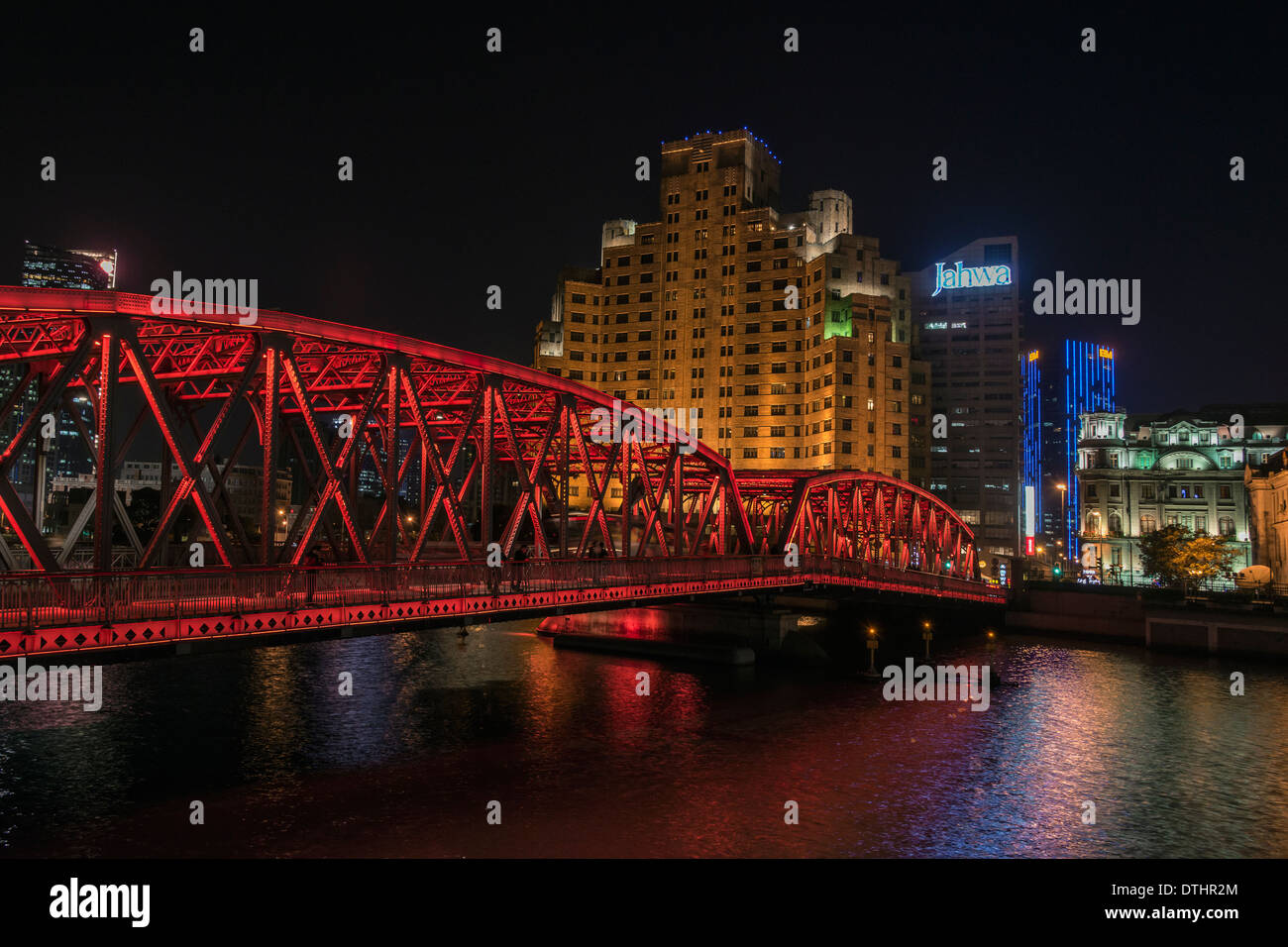 Waibaidu steel truss bridge at night, red lights, Shanghai, China Stock ...