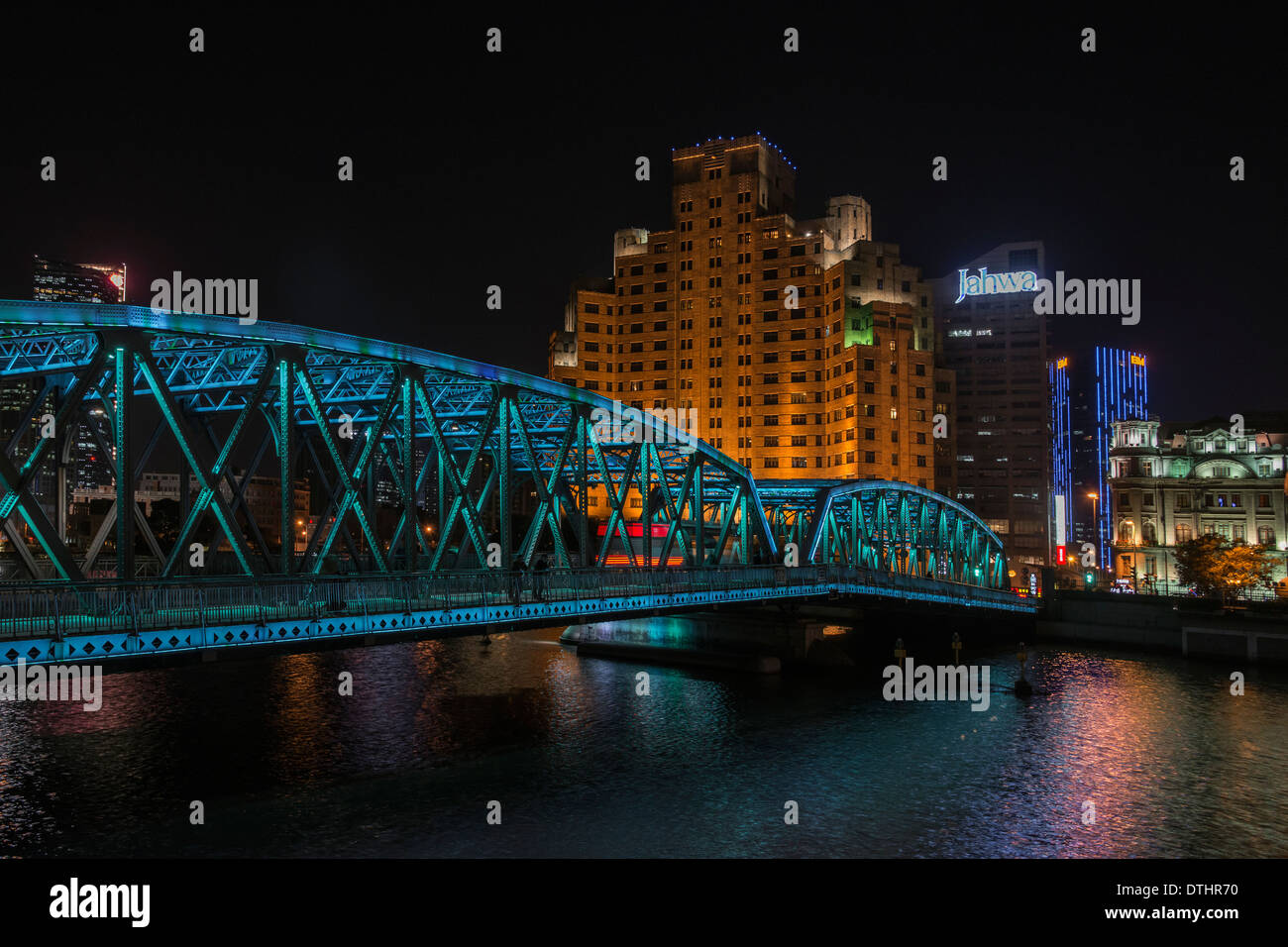 Waibaidu steel truss bridge at night, cyan lights, Shanghai, China ...