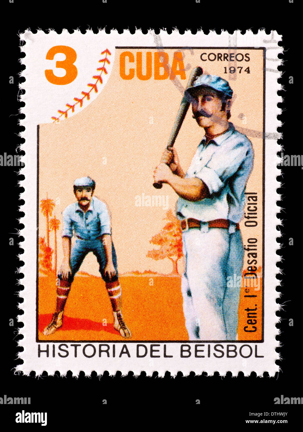 Postage stamp from Cuba depicting two baseball players in traditional ...