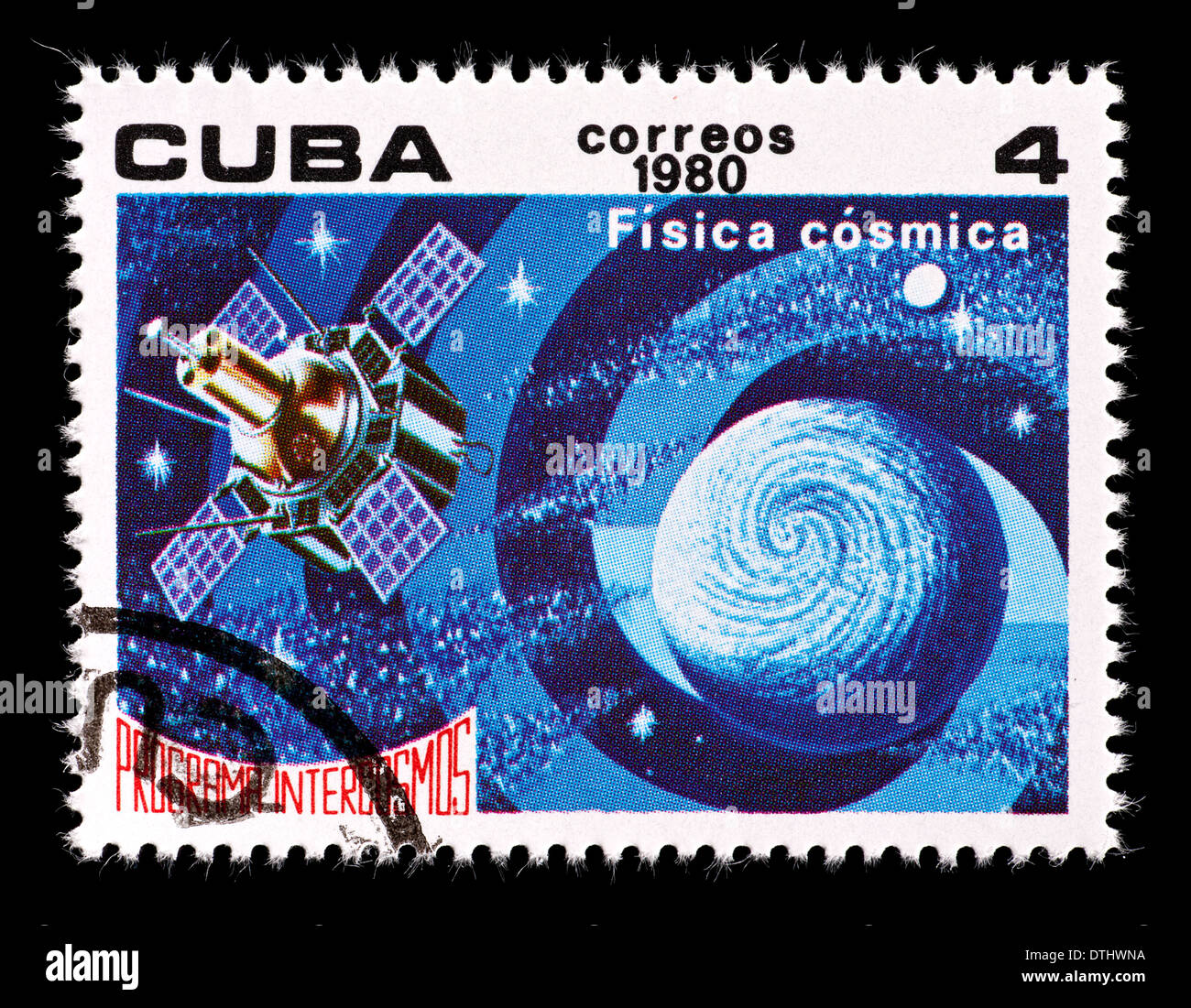 Postage stamp from Cuba depicting astrophysics, with satellite, planet ...