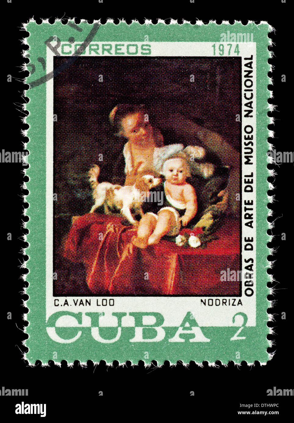 Postage stamp from Cuba depicting the C. A. Van Loo painting "The Wet ...