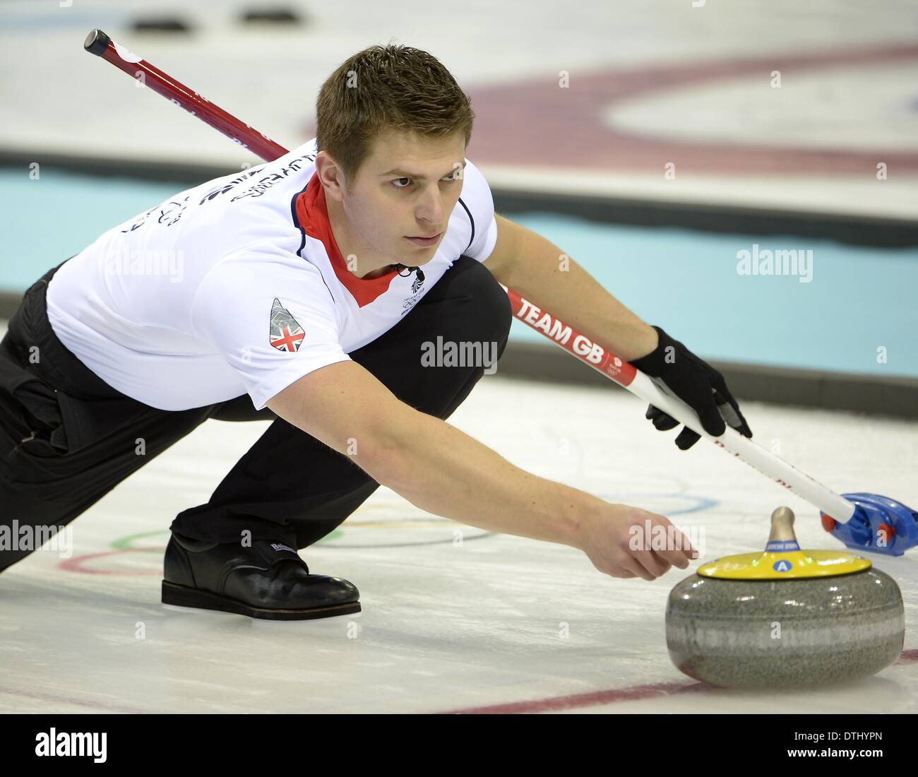 Sochi, Russia. 18th Feb, 2014. Scott Andrws (GBR). Mens curling - GBR v ...