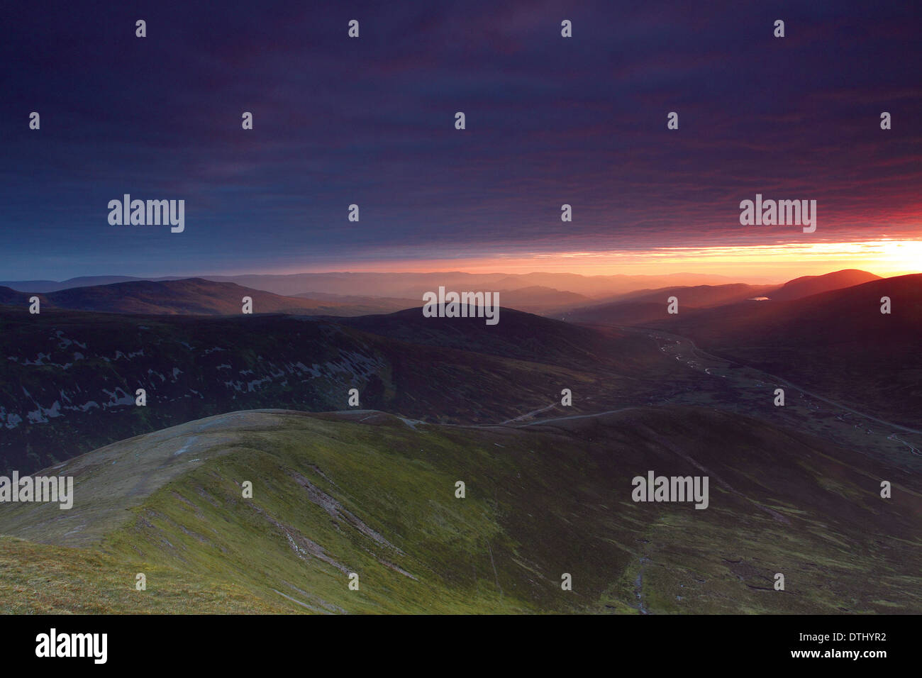 The Cairngorms at dawn from A'Mharconaich, Monadhliath, Drumochter Pass ...