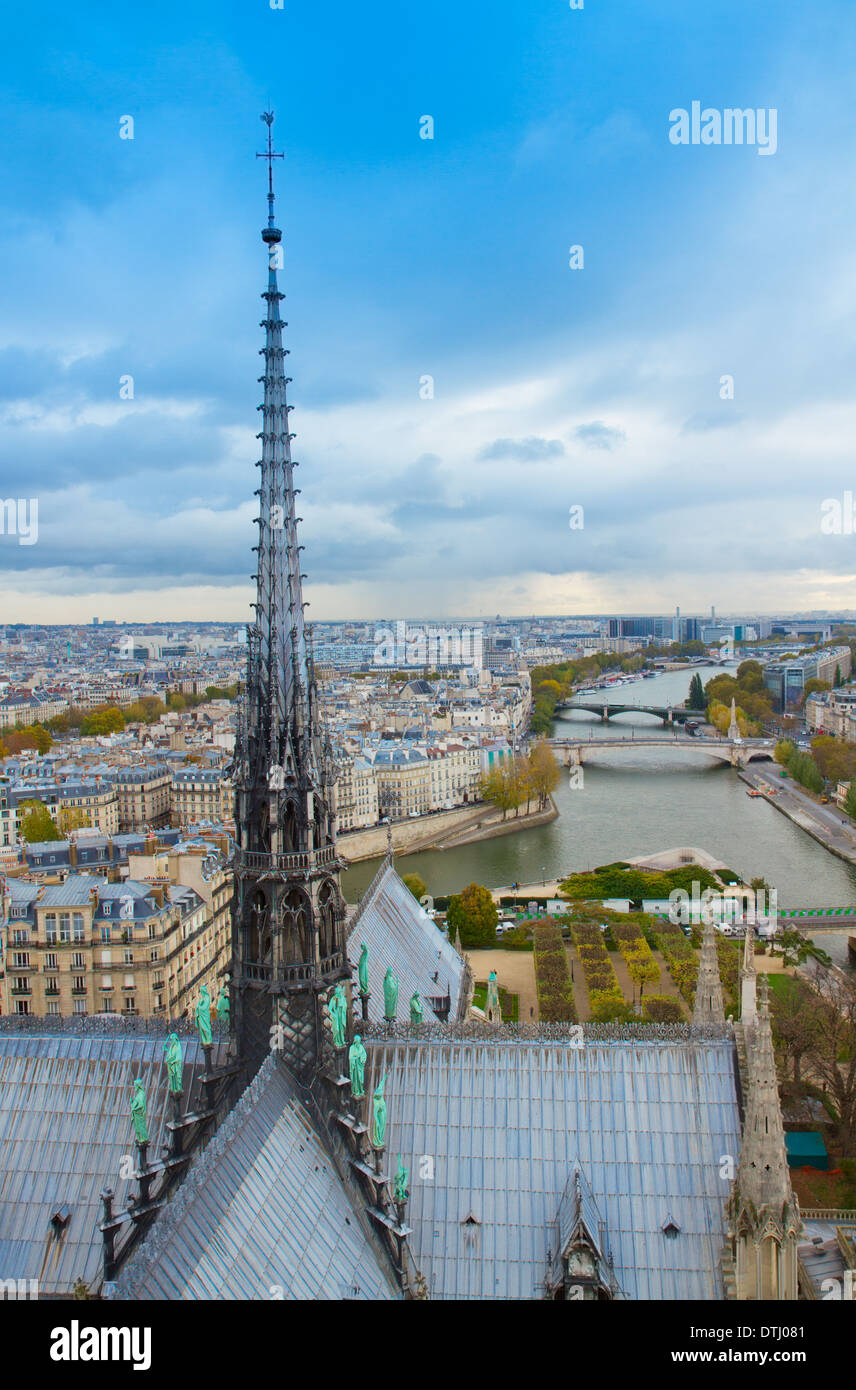 spire of Notre Dam and skyline of Paris Stock Photo - Alamy