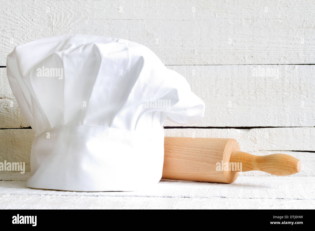 Chef hat and wooden kitchenware food abstract on white boards Stock ...