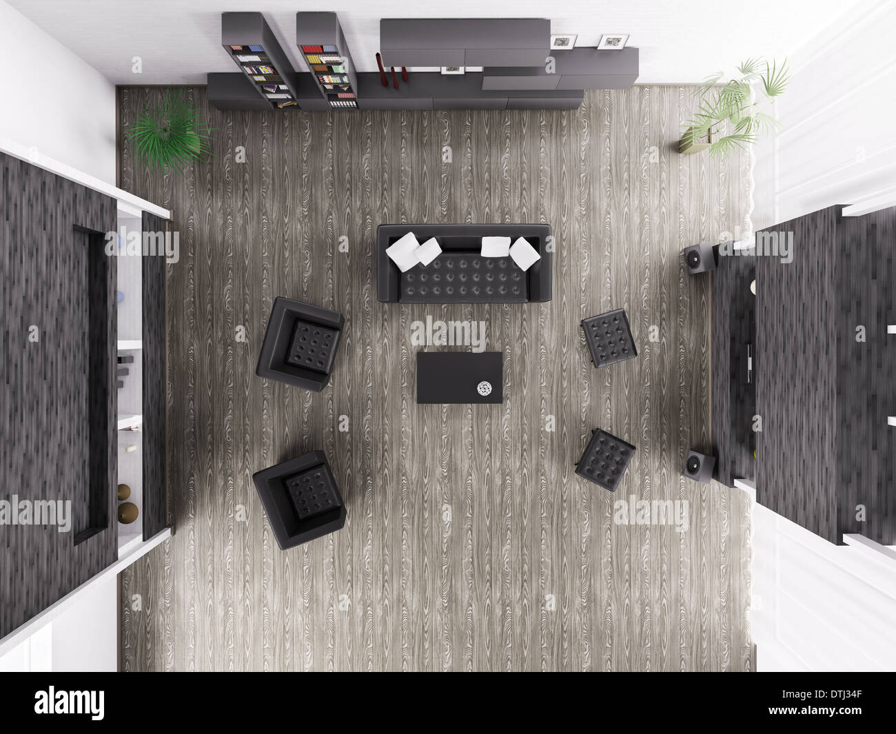 Top view of modern living room interior 3d render Stock Photo - Alamy