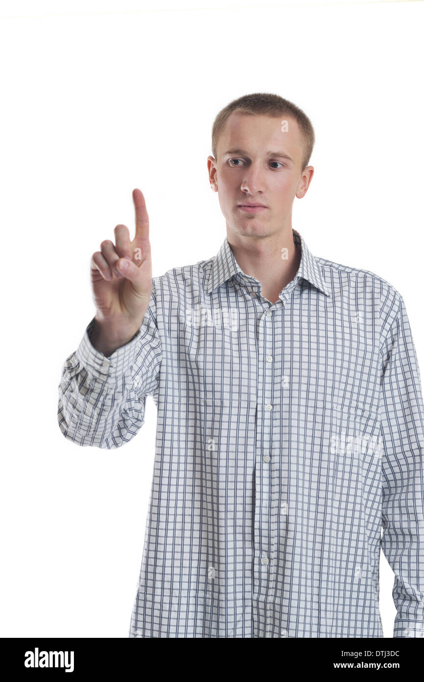 handsome young business man touching screen isolated Stock Photo - Alamy
