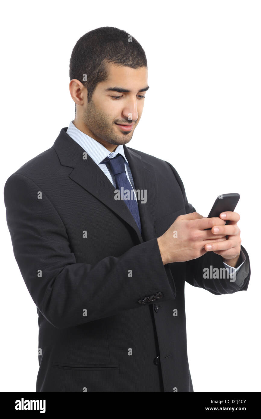 Arab business man working using a mobile phone isolated on a white ...