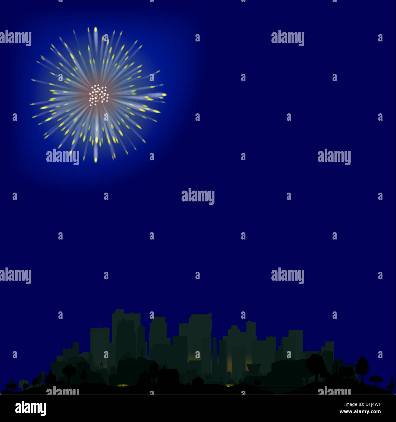 A single sky rocket exploding over a city at night Stock Photo - Alamy