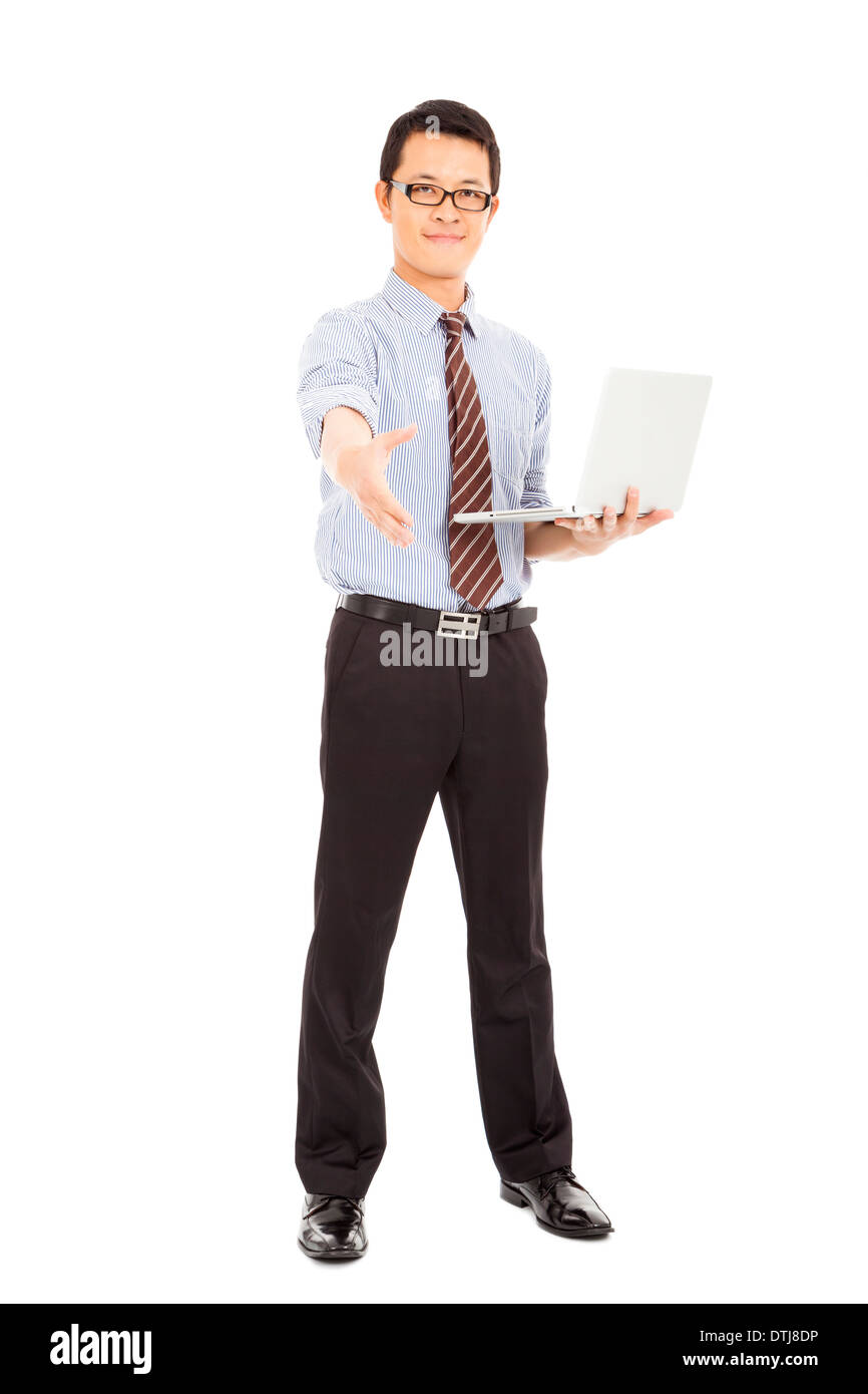 computer engineer is standing and show a handshake in studio Stock ...