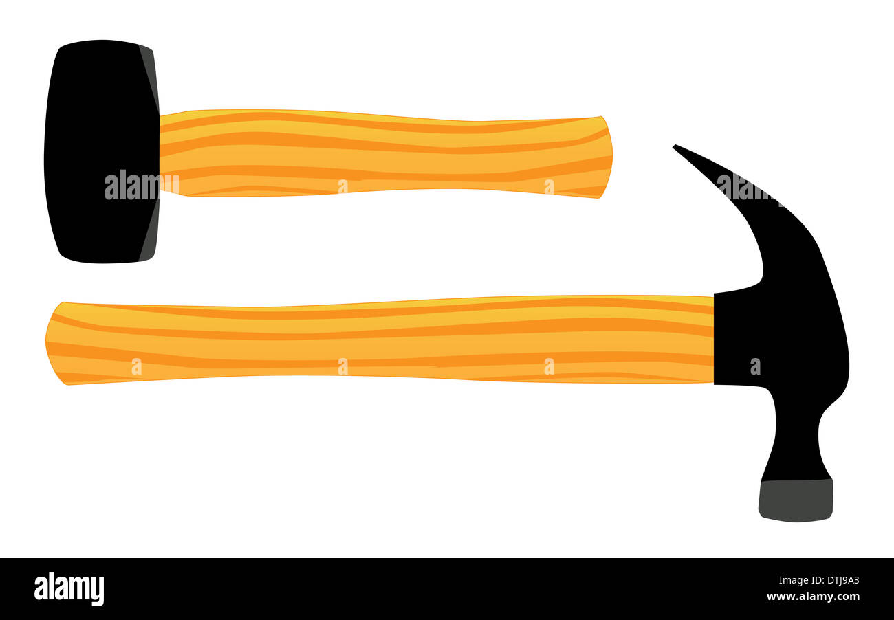 A lump and claw hammer both with wooden handles and both isolated on ...