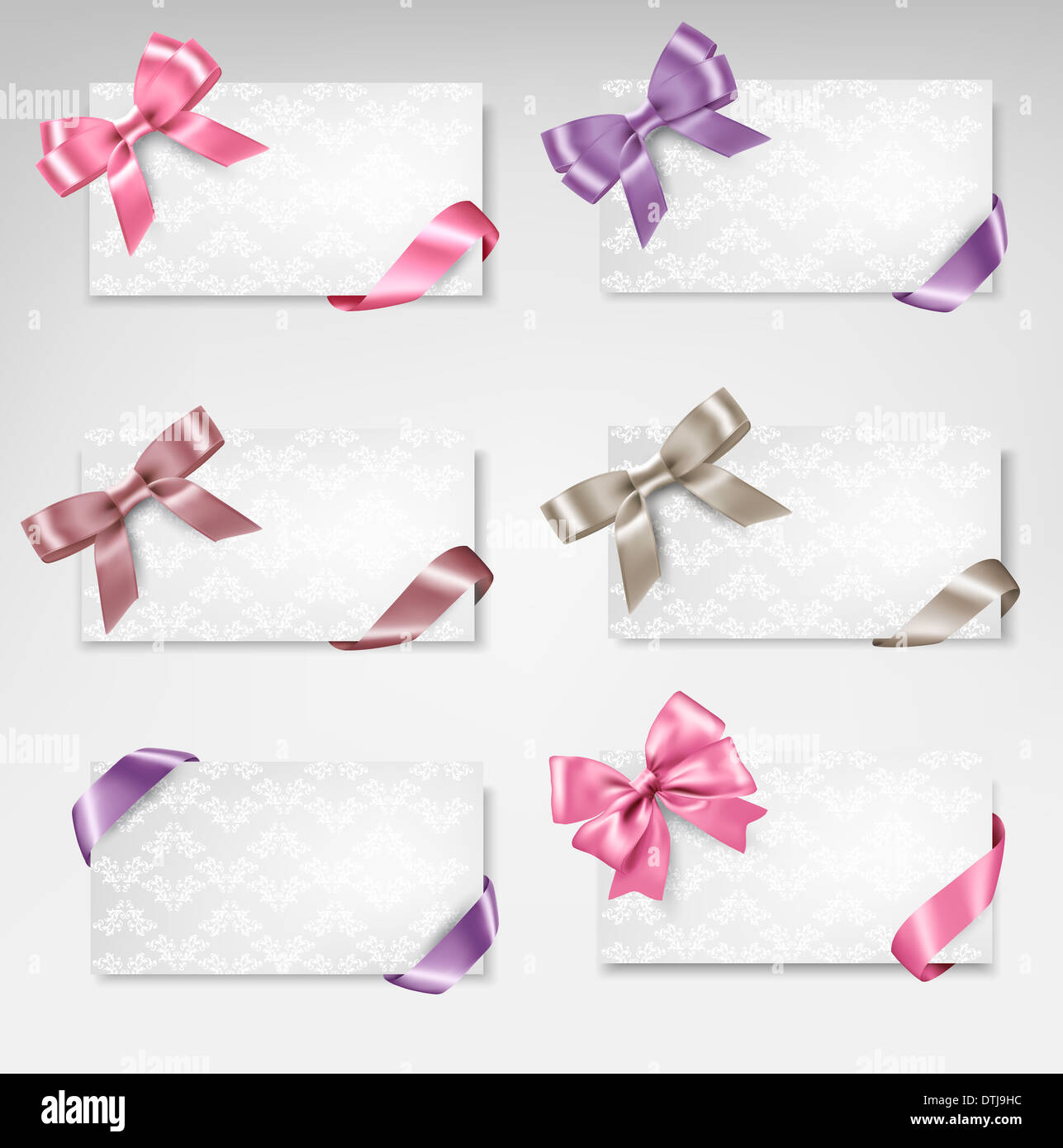 Set of beautiful gift cards with colorful gift bows with ribbons Vector ...