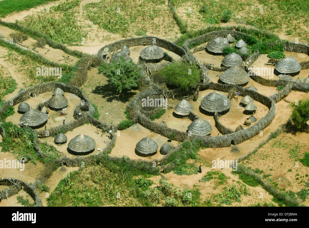 UGANDA, Karamoja, Kotido, karamojong pastoral tribe, aerial view of ...