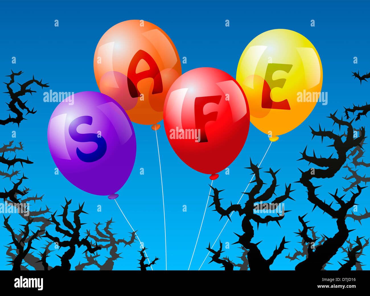 Four balloons, which are labeled with the word SAFE, are threatened by ...