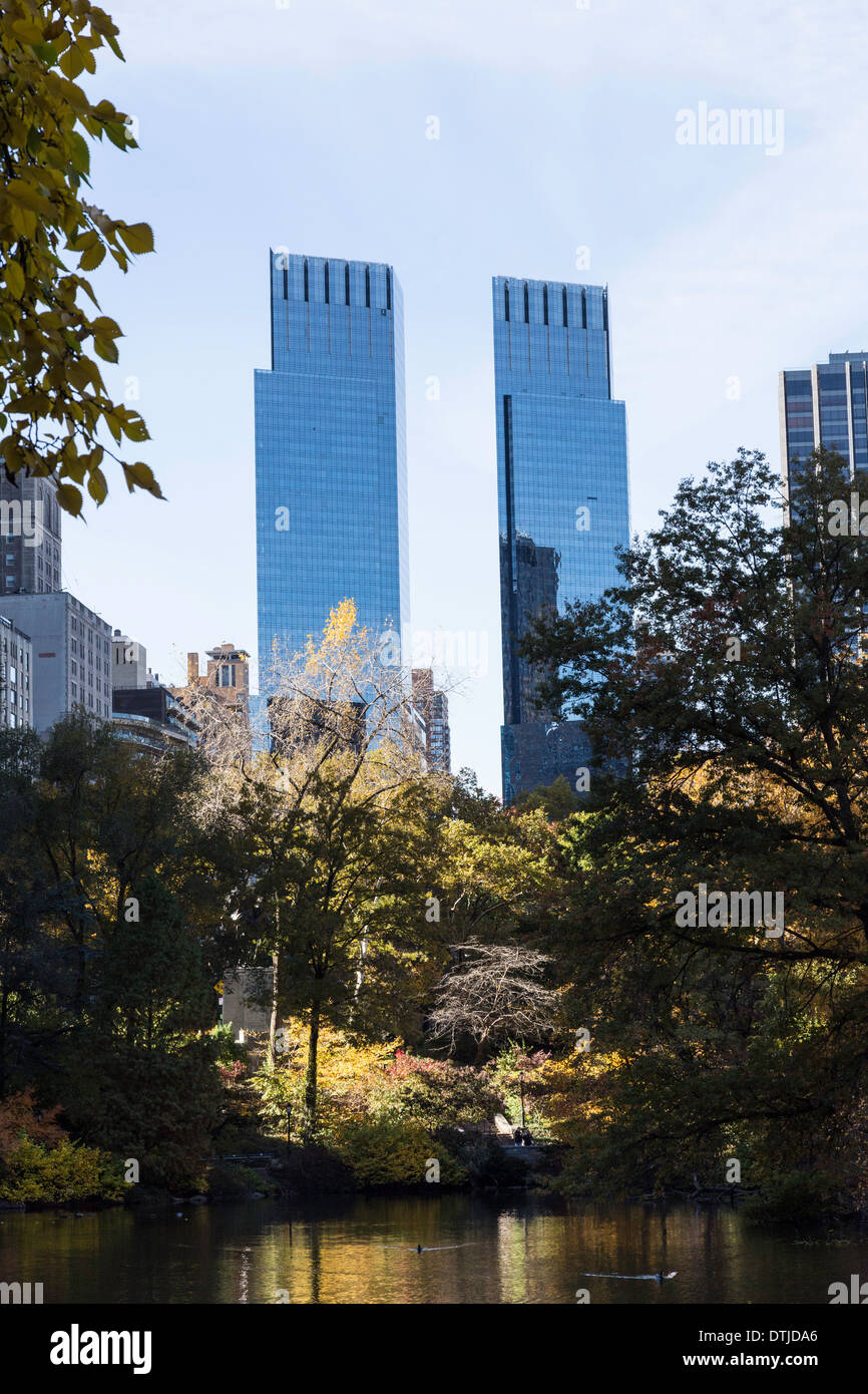 Time Warner Towers from The Pond, Central Park, NYC, USA Stock Photo ...