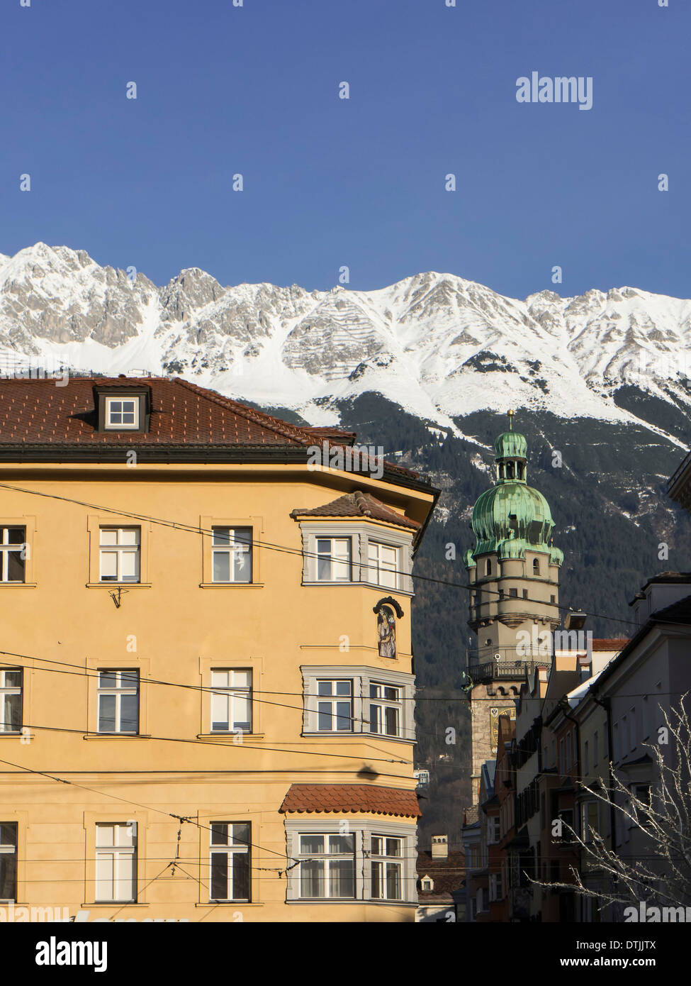 City-Tower and Karwendel-Mountain range seen from Maria-Theresien-st ...