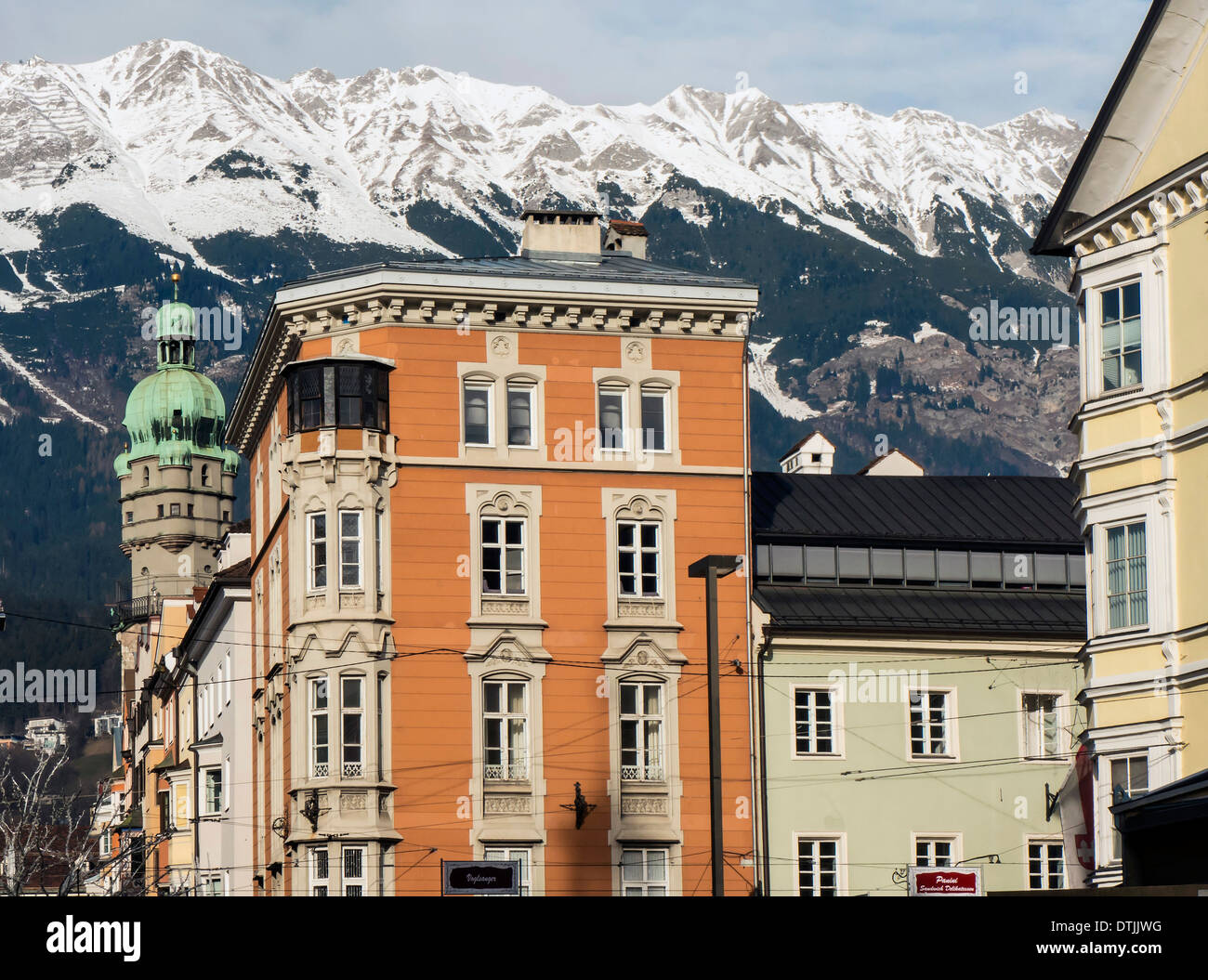 City-Tower and Karwendel-Mountain range seen from Maria-Theresien-st ...