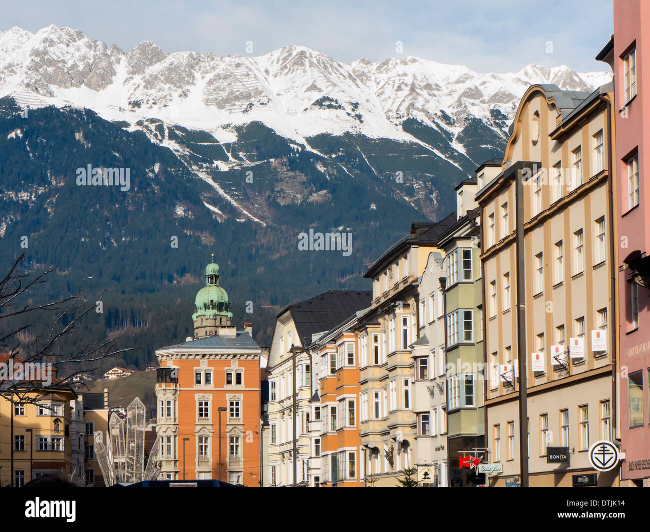 City-Tower and Karwendel-Mountain range seen from Maria-Theresien-st ...