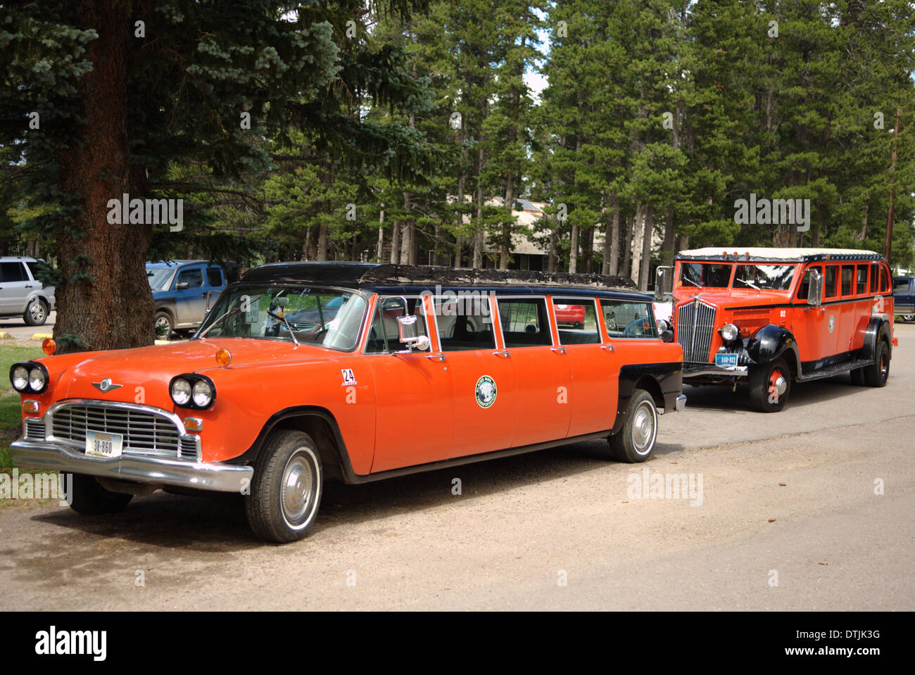 Vintage limousine and bus in Glacier National Park, Montana Stock Photo ...