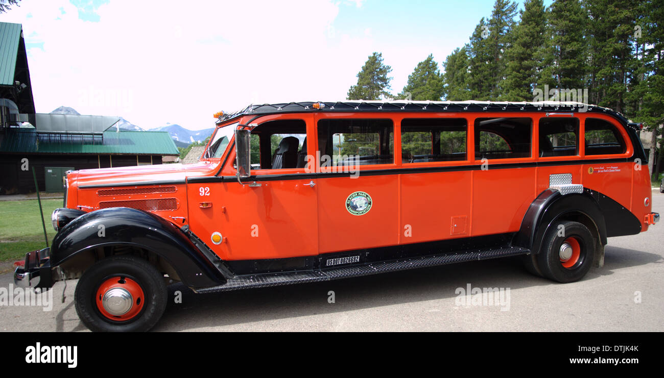 Vintage bus in Glacier National Park, Montana Stock Photo - Alamy