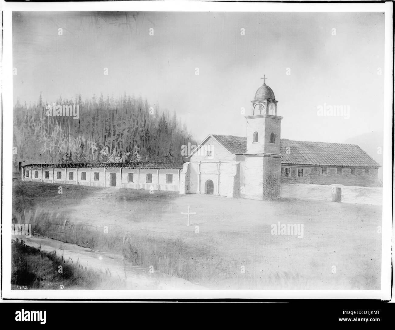 A painting of Mission Santa Cruz, captured around 1904, depicting the ...