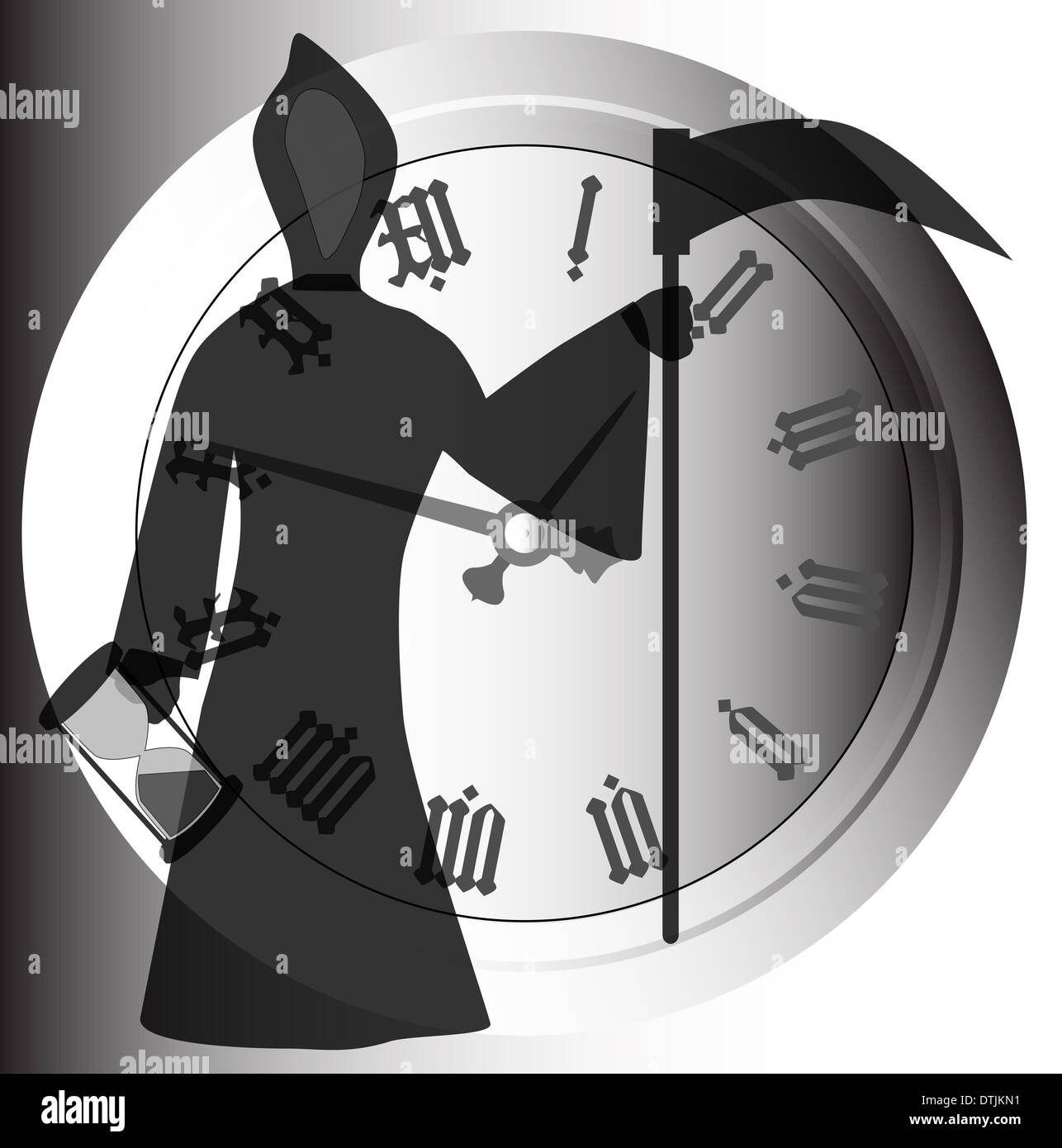 Old father time with hour glass and scythe set against a clock Stock ...