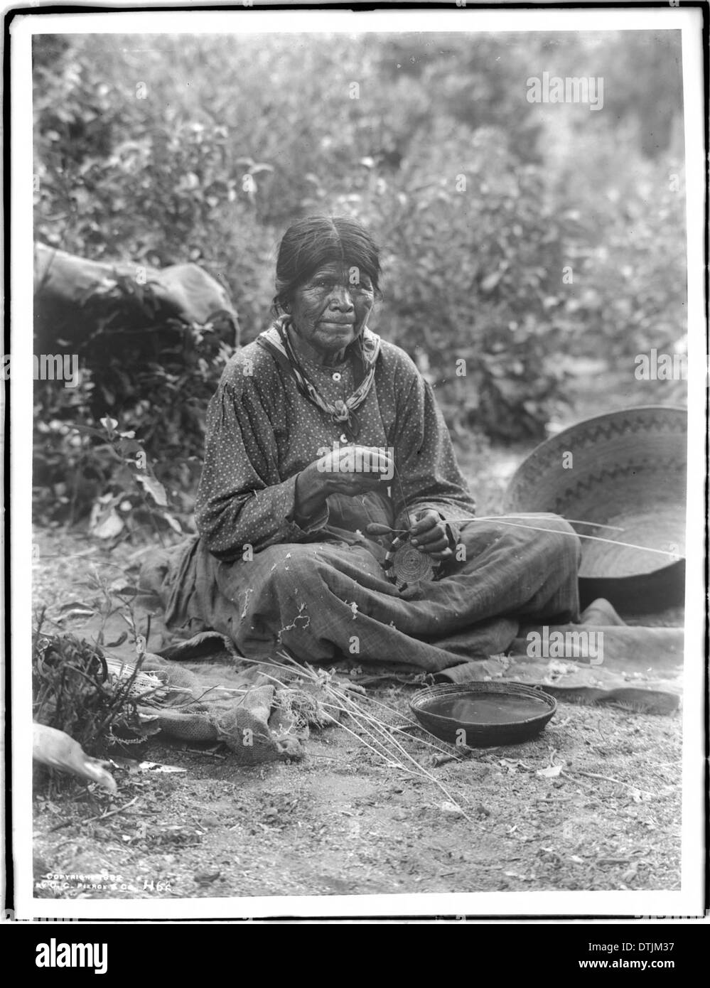 This photograph shows a Paiute Indian woman making a basket in the ...