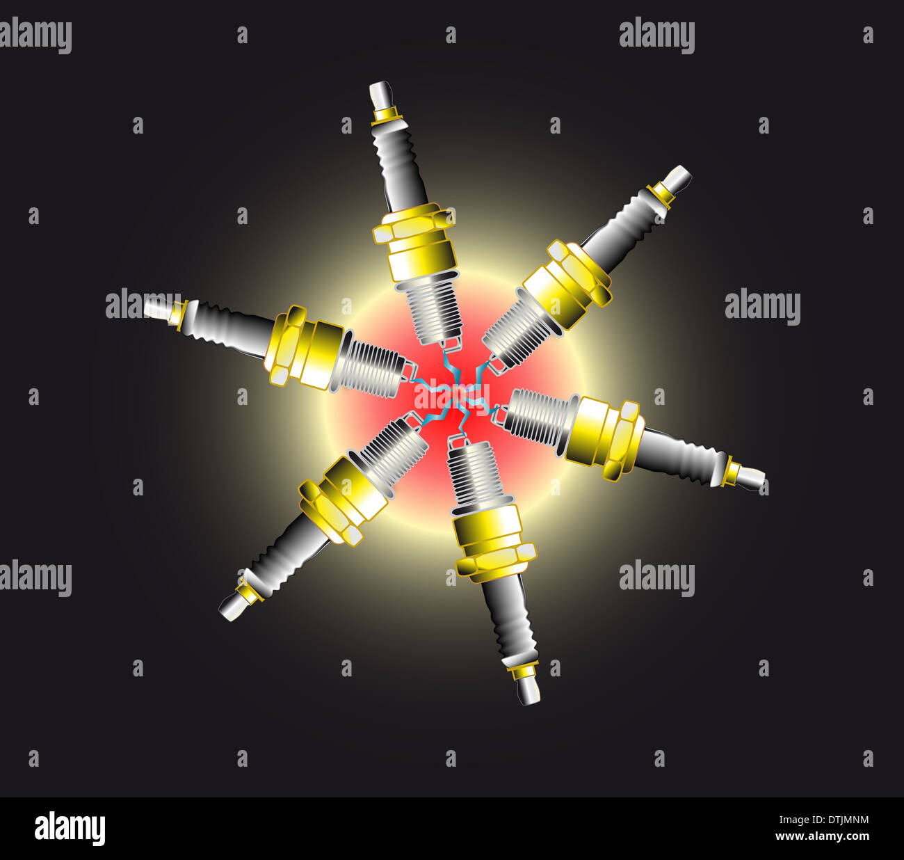 Six sparking plugs with sparks and flash over black Stock Photo - Alamy