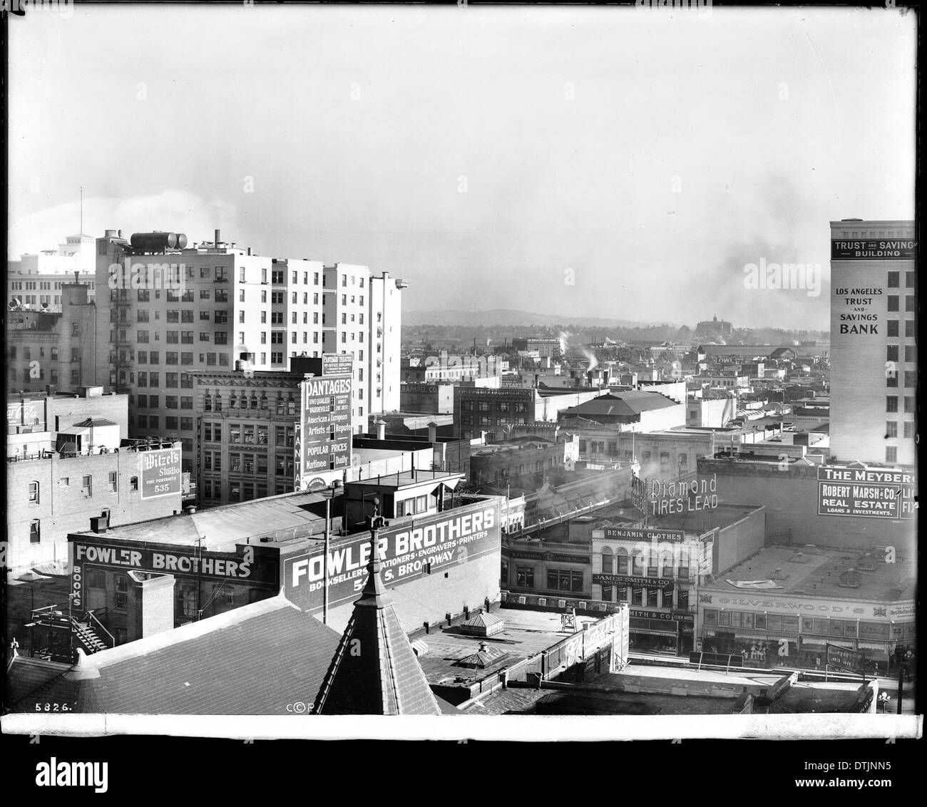 A panoramic view of Los Angeles taken from a building at the corner of ...