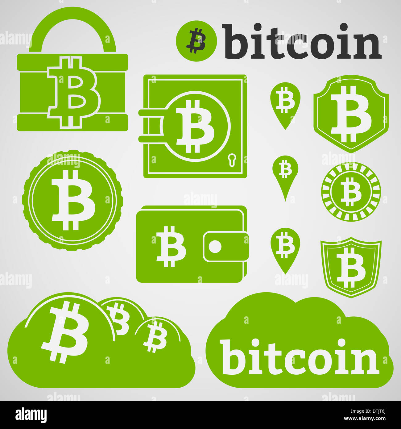 Set of icons with letter B, symbol of bitcoin. Padlock, wallet, coin ...