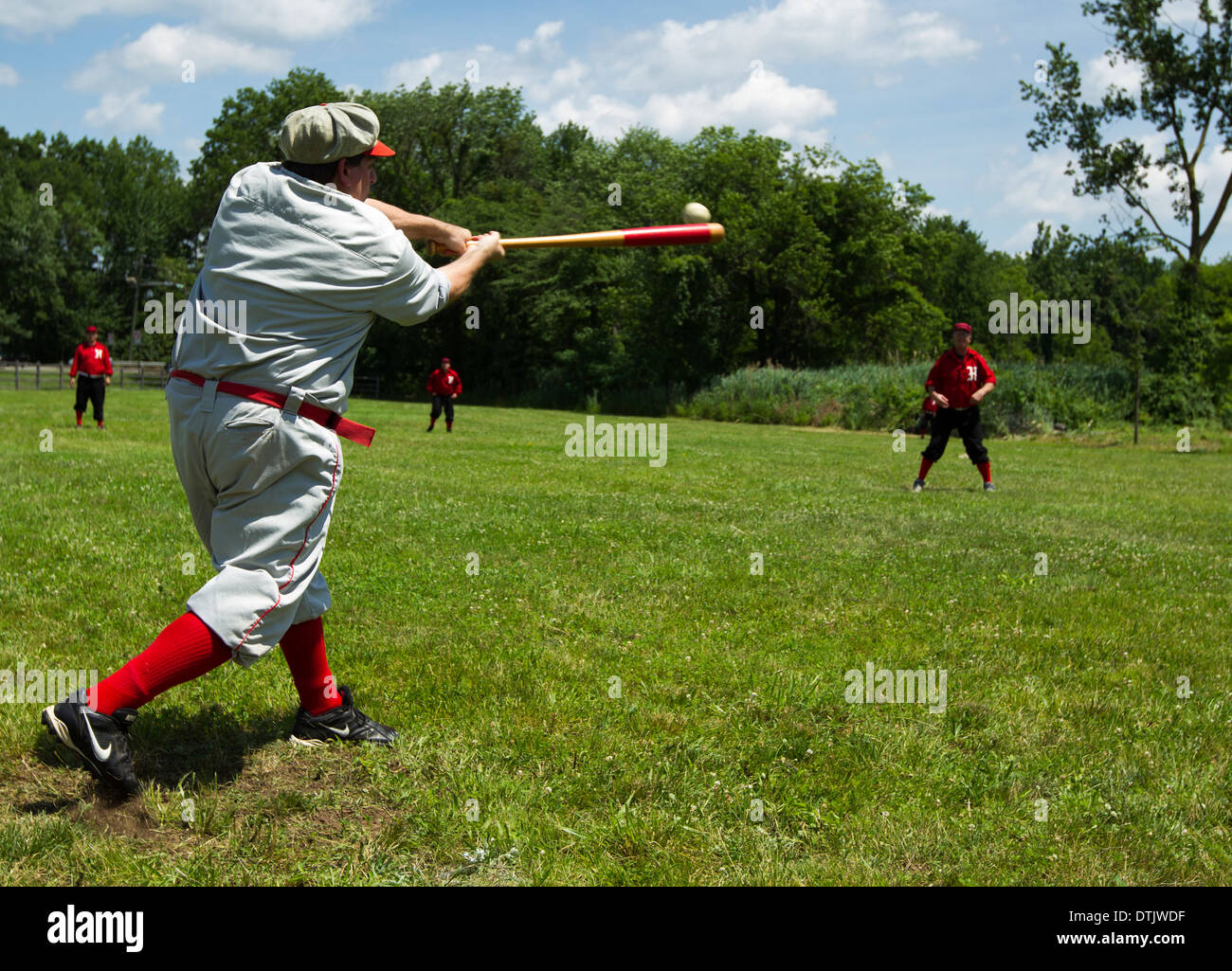 Batter hitting a ball at a vintage baseball game in River Edge, New ...