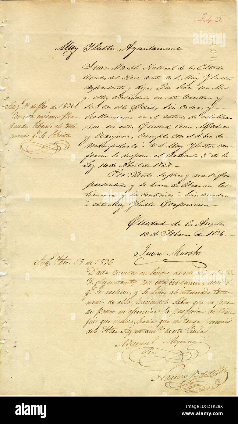 A historical petition from Juan Marsh in 1836 requesting to establish ...